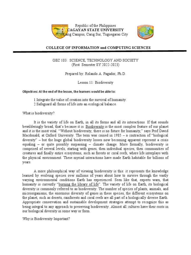 Lesson 11 Handouts With Exercises On STS First Sem. SY 2022-2023 | PDF | Biodiversity | Ecosystem