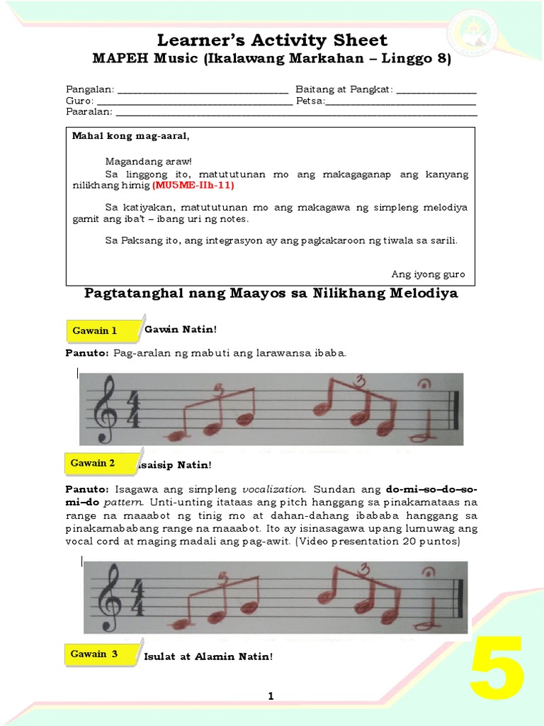 Learner's Activity Sheet: MAPEH Music (Ikalawang Markahan - Linggo 8) | PDF