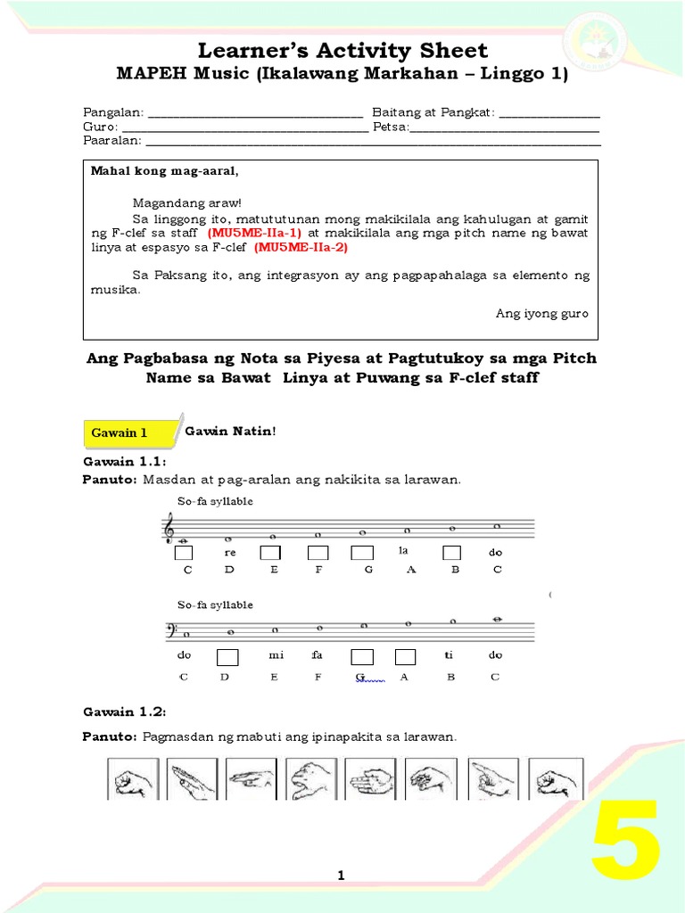Learner's Activity Sheet: MAPEH Music (Ikalawang Markahan - Linggo 1) | PDF