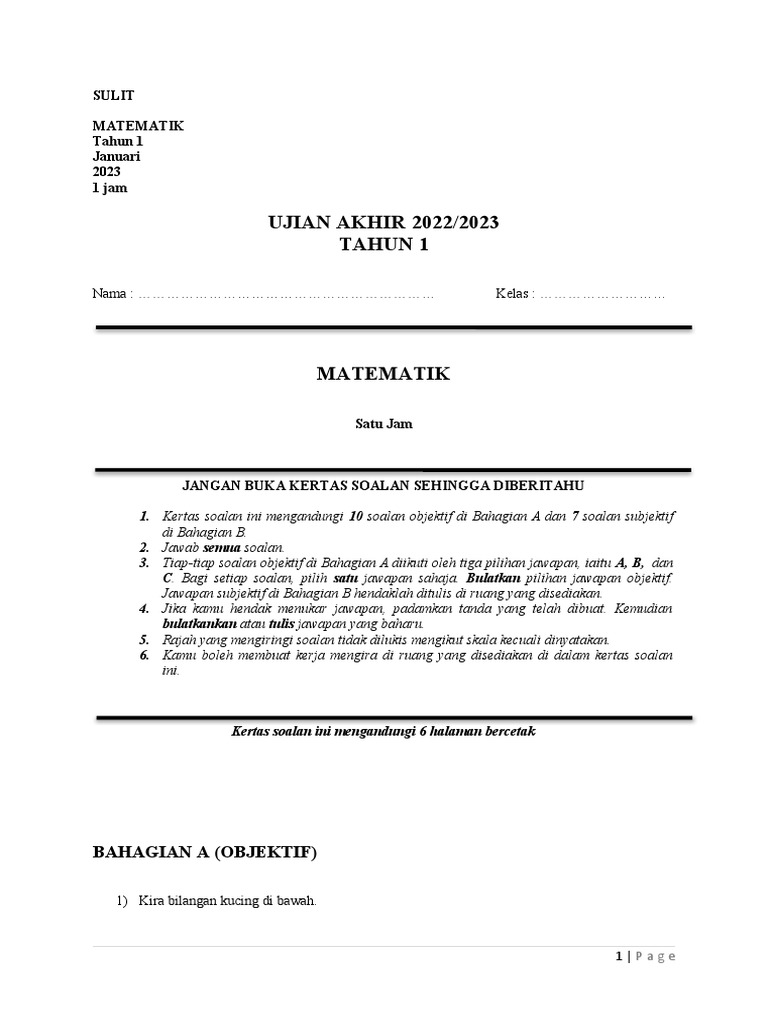 Soalan MT Tahun 1 | PDF