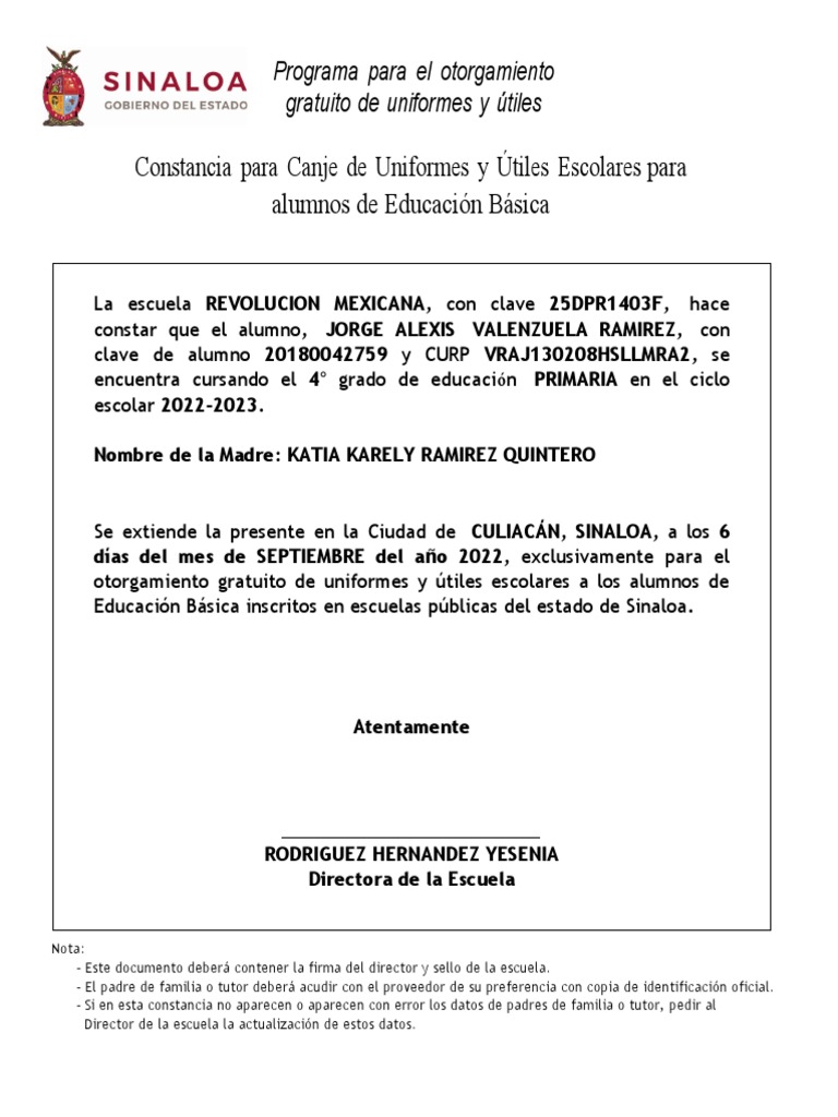 Constancia Canje Uniformes Escolares Sinaloa | PDF