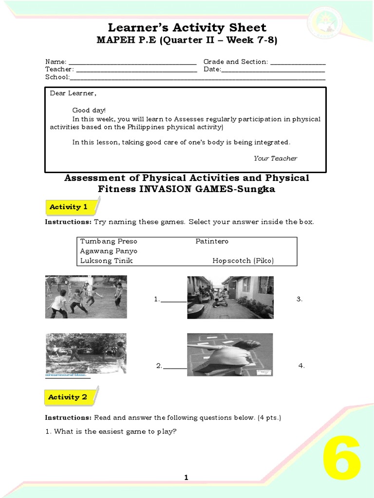 Learner's Activity Sheet: MAPEH P.E (Quarter II - Week 7-8) | PDF | Education Theory | Cognition