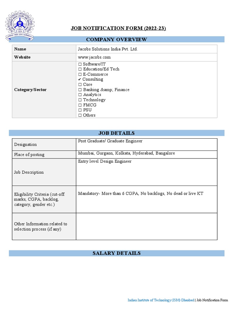 Job Notification Form (2022-23) - Jacobs | PDF | Engineering | Science