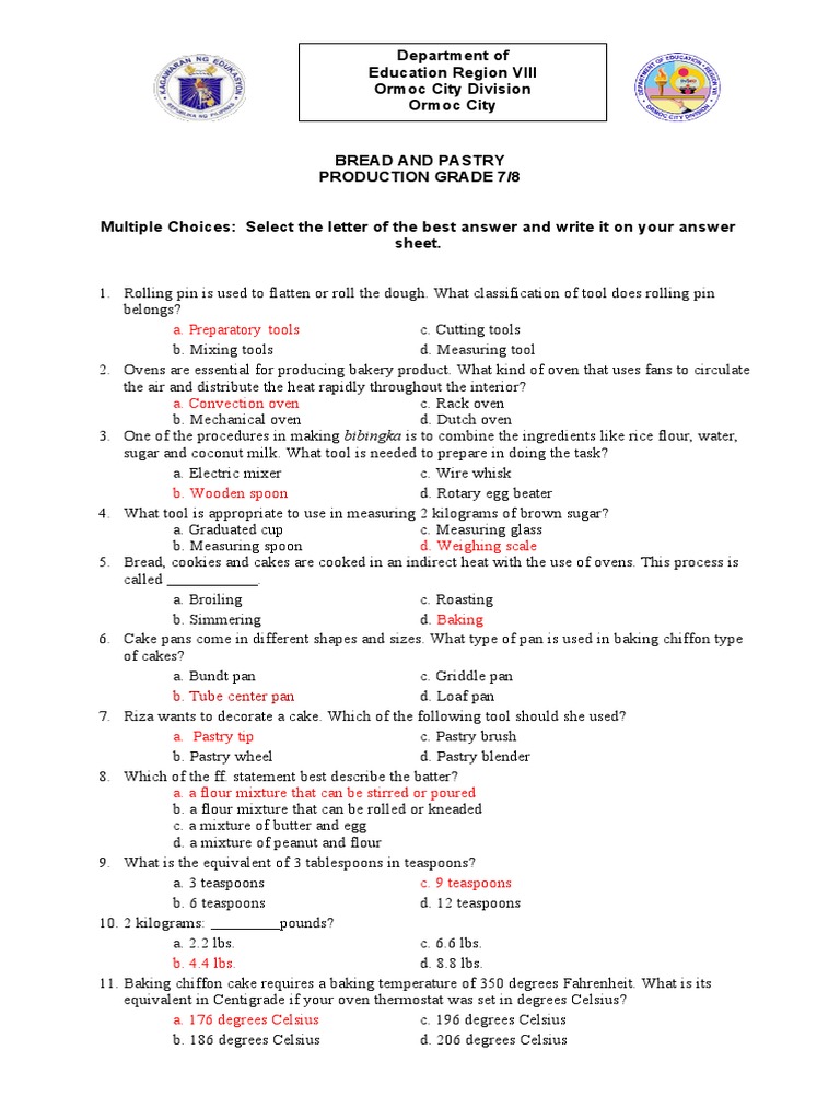 Grade 7/8 Bread and Pastry Exam Guide | PDF | Cakes | Oven