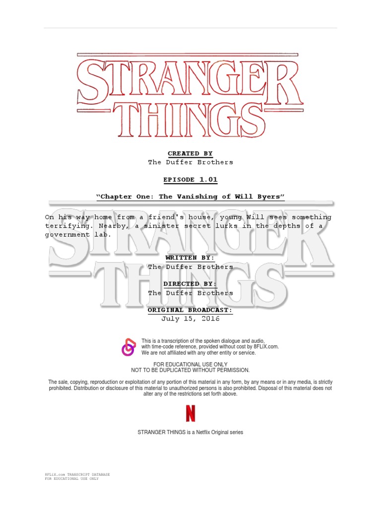 Stranger Things Transcript 101 Chapter One The Vanishing of Will Byers ...