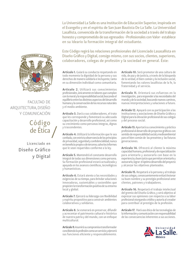 1 Codigo De Etica Diseño Grafico Y Digital Lasalle 2018 Pdf Diseño