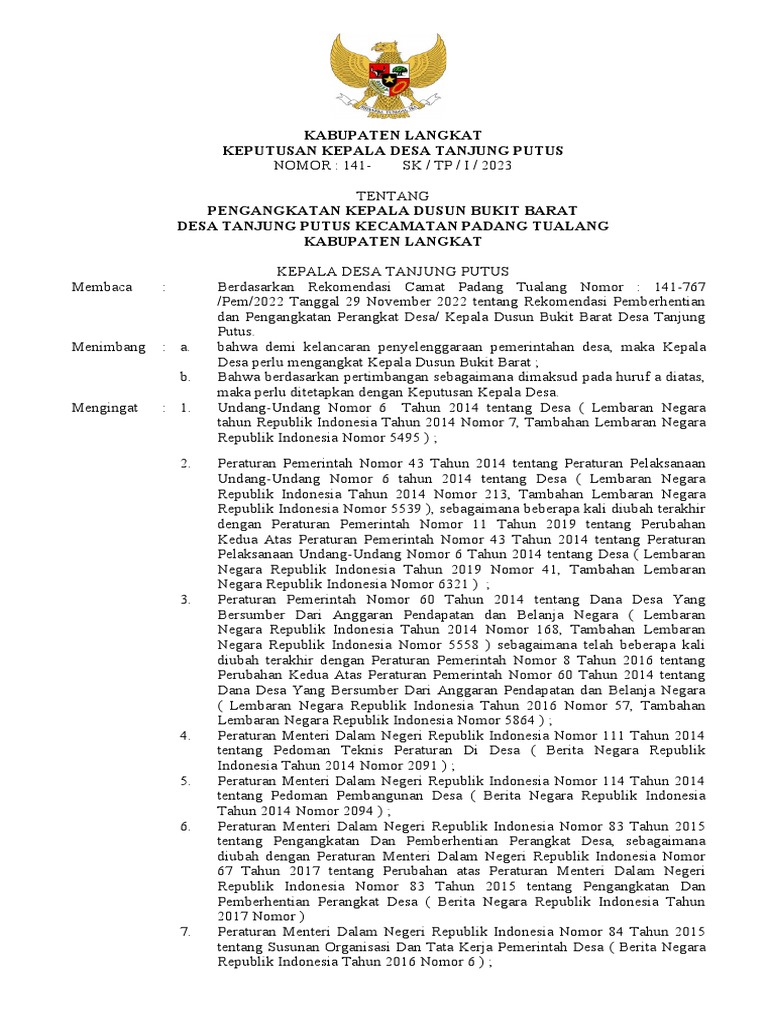 SK Kepala Dusun Bukit Barat | PDF