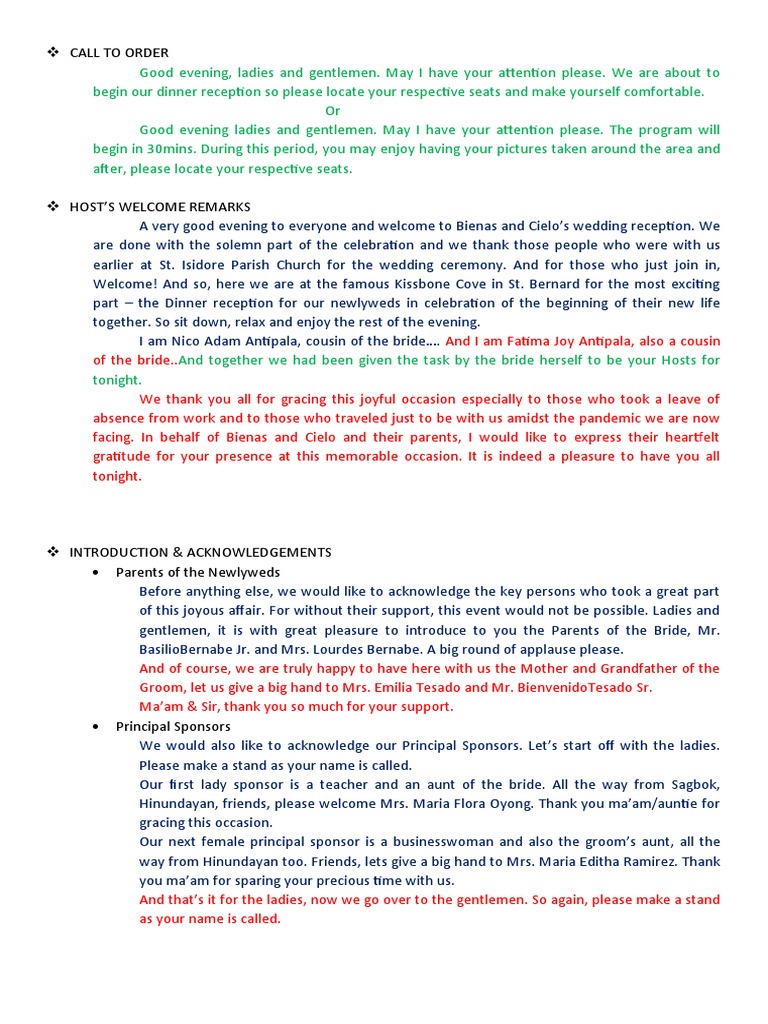 Wedding Recption Script | PDF | Wedding | Bride
