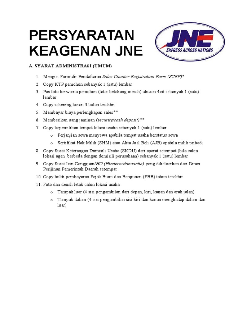 Persyaratan Keagenan Jne | PDF