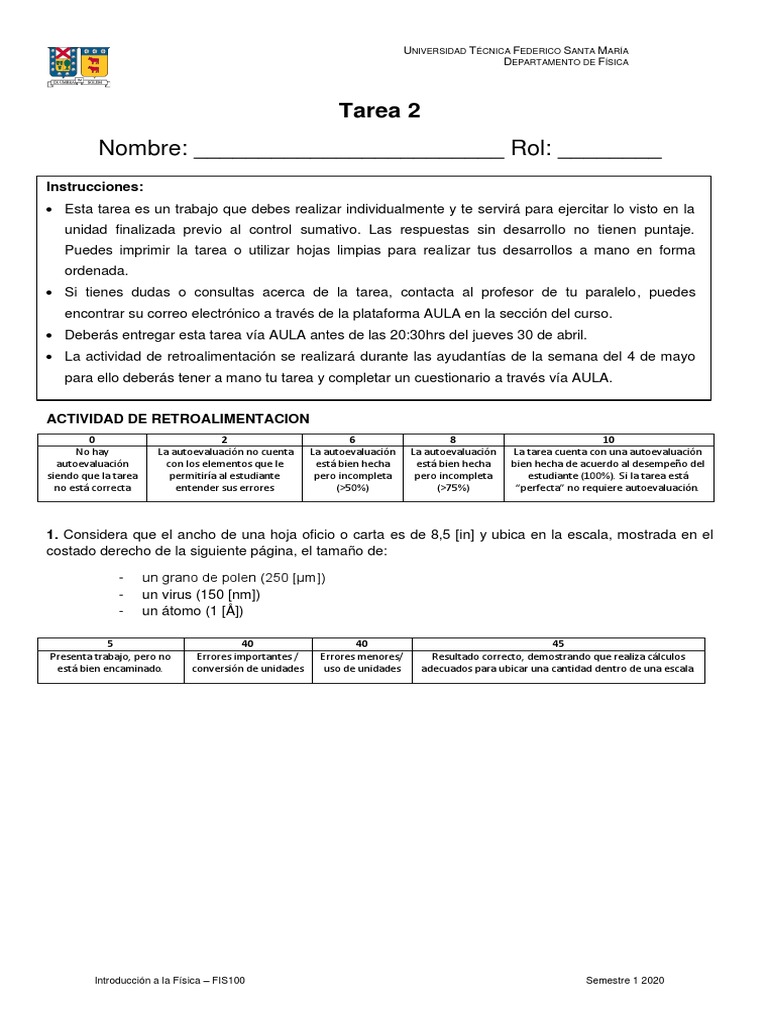 Fis100 Tarea2 1S2020 | PDF
