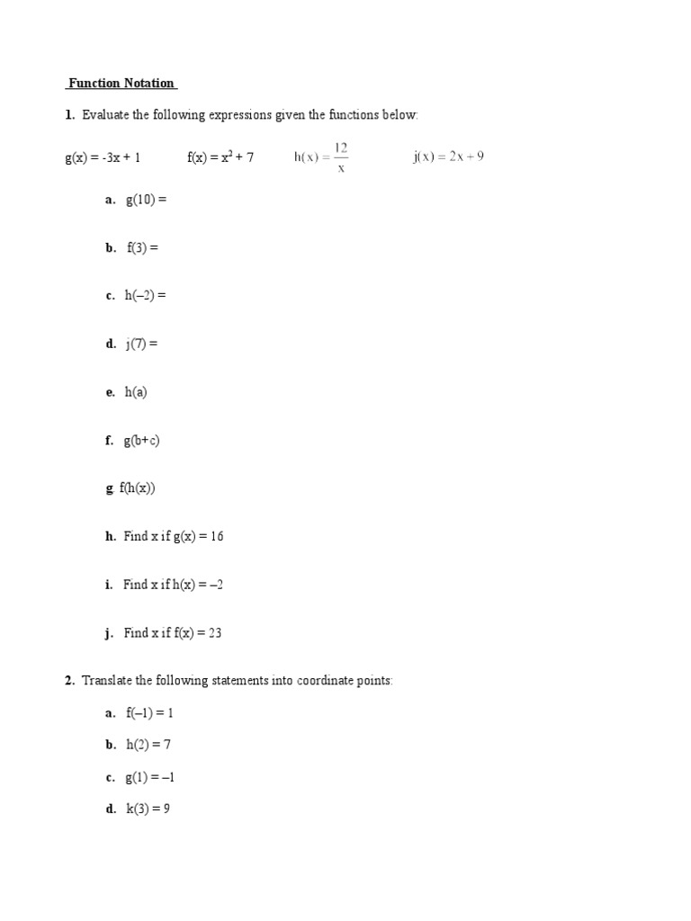 Function Notation Worksheet | PDF