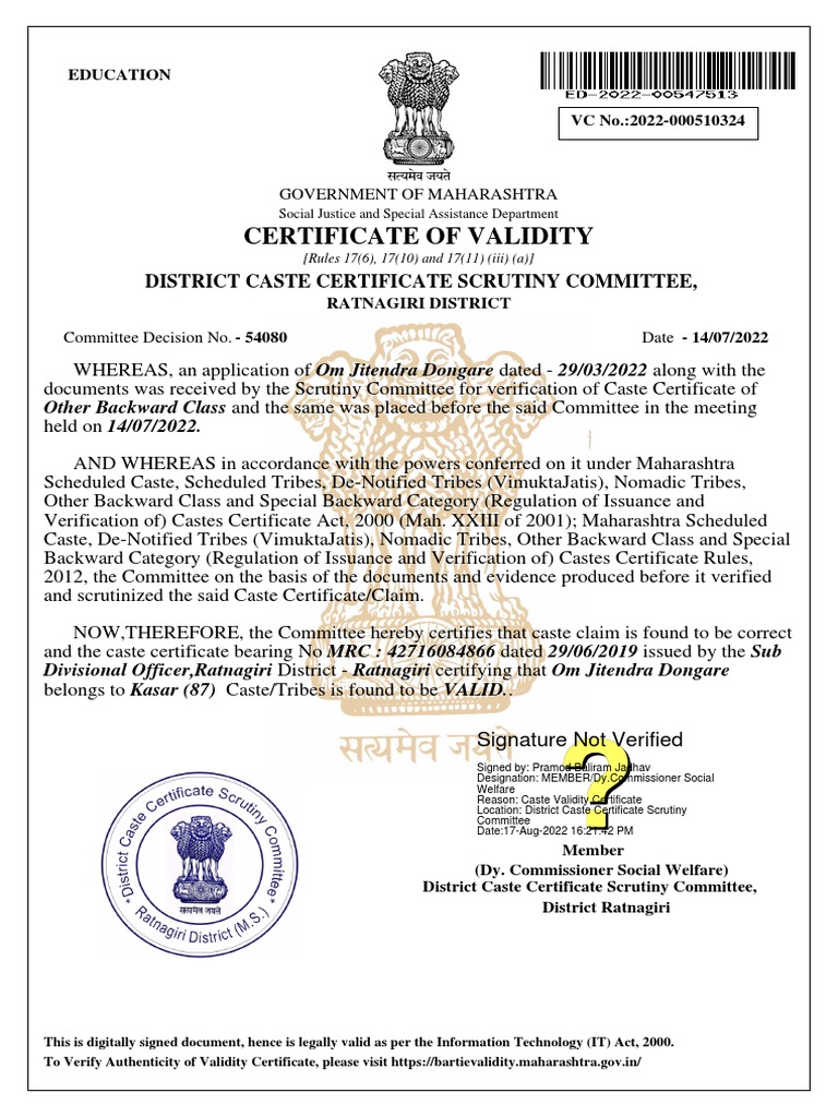 Validity of Caste Certificate for Om Jitendra Dongare of Kasar Caste in ...