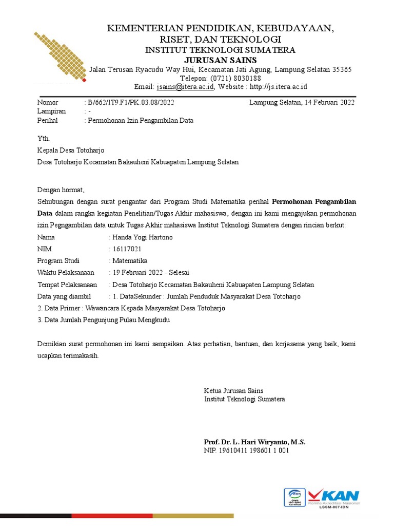 Permohonan Izin Pengambilan Data Penelitian | PDF