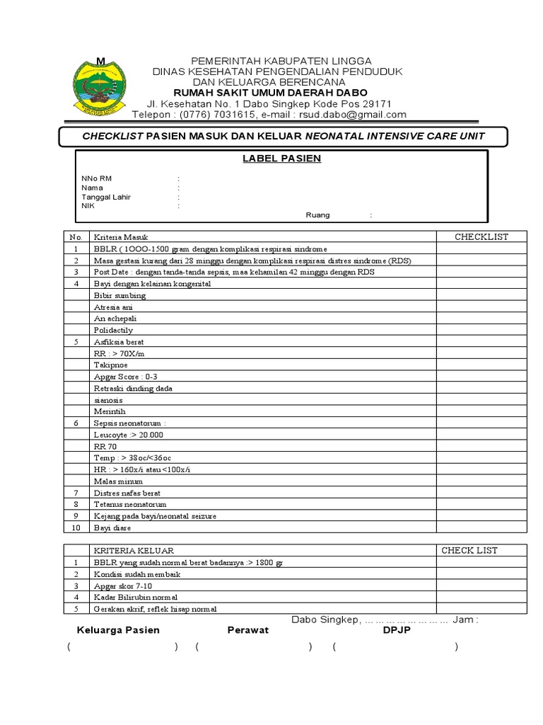 Form Checklist Pasien Masuk Dan Keluar Nicu | PDF