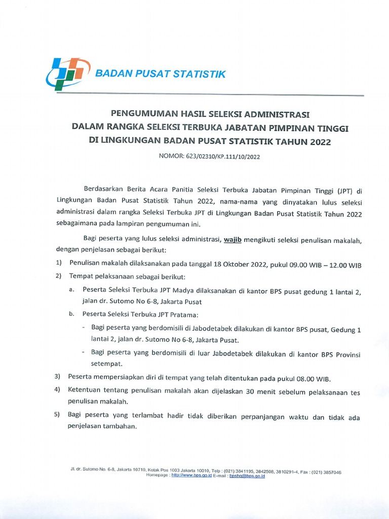2022-10!14!18!24!28-623.02310 Pengumuman Hasil Seleksi Adm Seleksi Terbuka JPT Di BPS 2022 | PDF