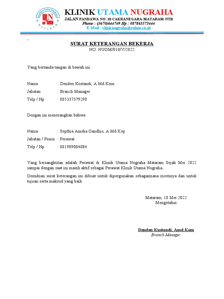 Keterangan Kerja Perawat Di Klinik Utama Nugraha Pdf
