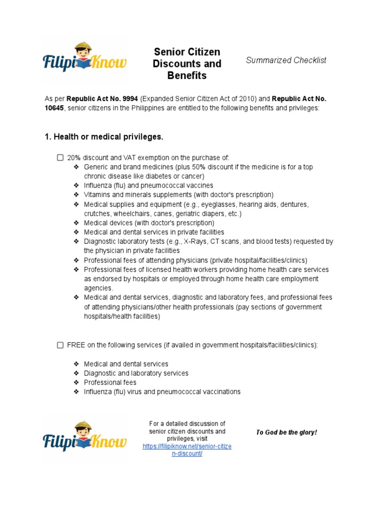 Senior Citizen Discount and Benefits Checklist | PDF | Medicine ...