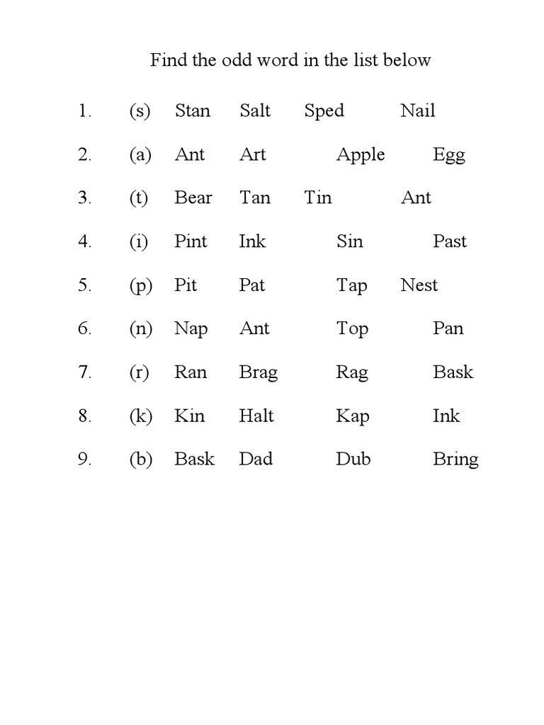 Odd Word Identification Exercise | PDF