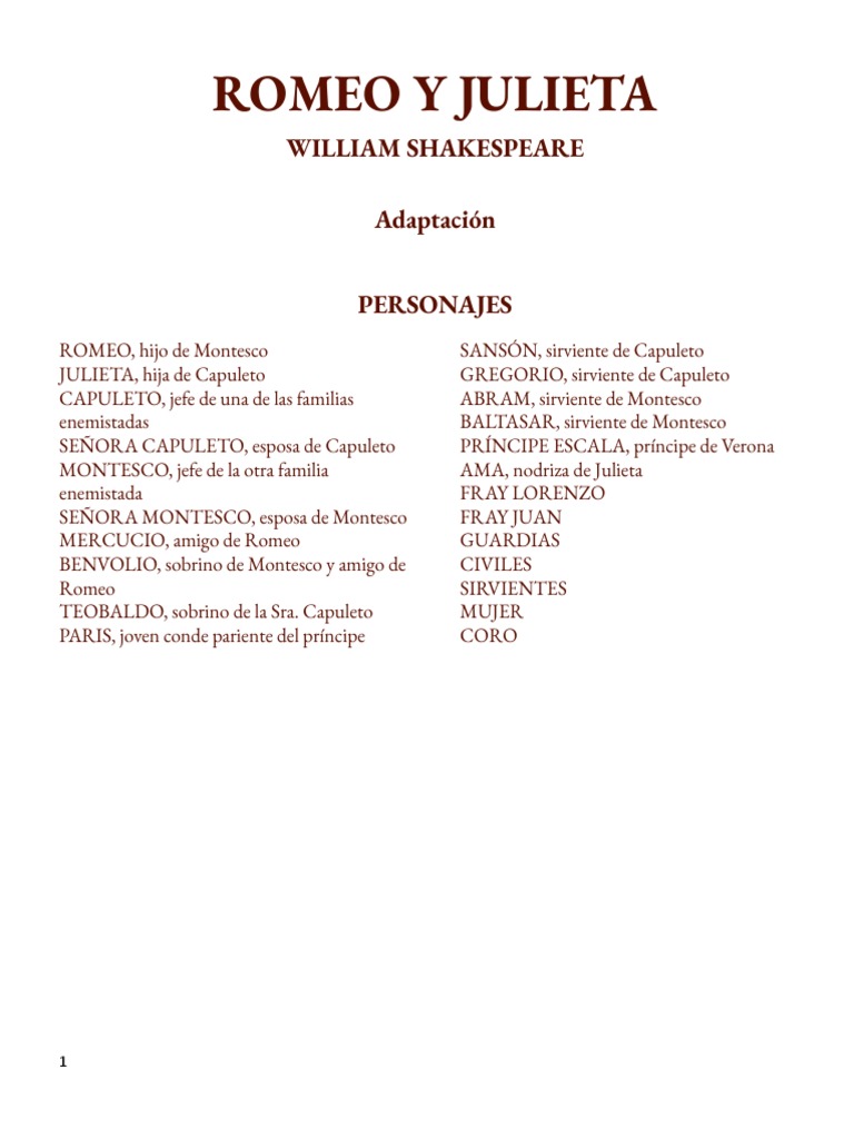 ROMEO Y JULIETA. Obra de Teatro | PDF | Romeo y Julieta | Tragedias de Shakespeare