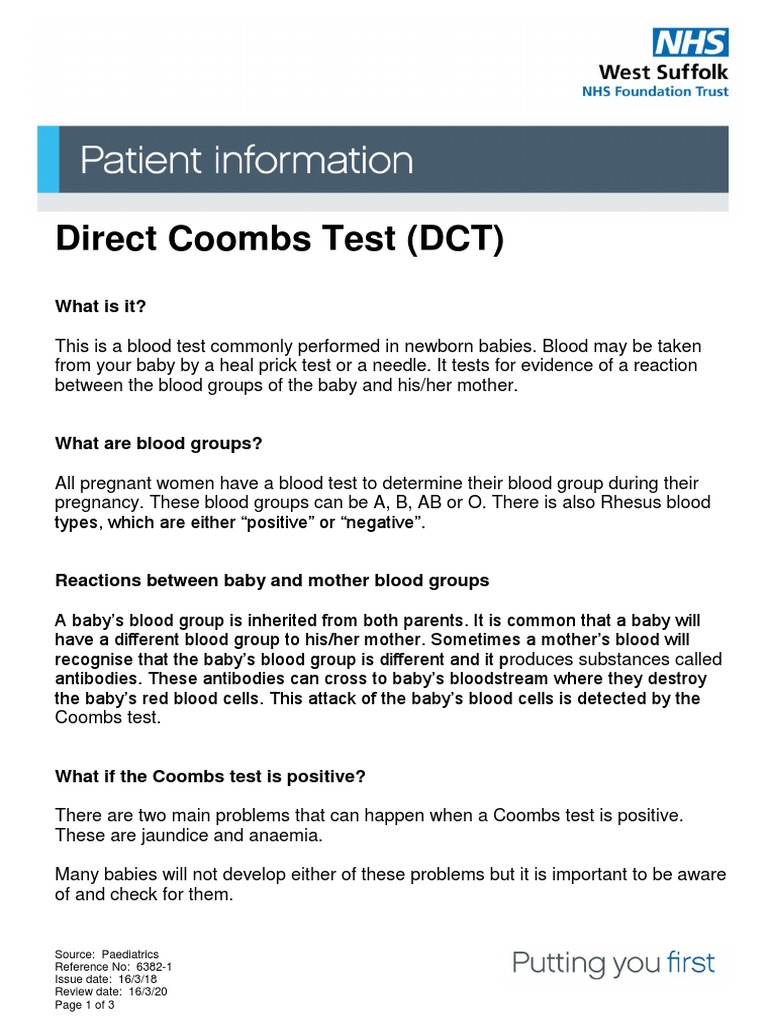 6382 1 Direct Coombs Test DCT | PDF | Blood Type | Anemia