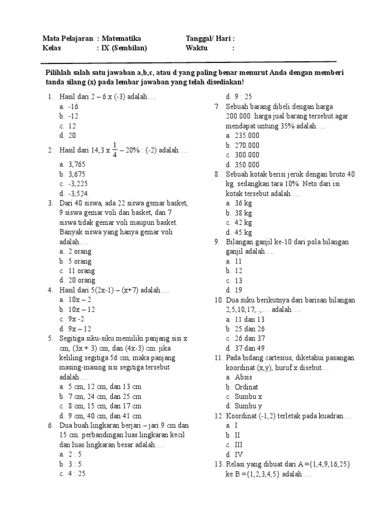 Soal Um Matematika 9 Mts | PDF