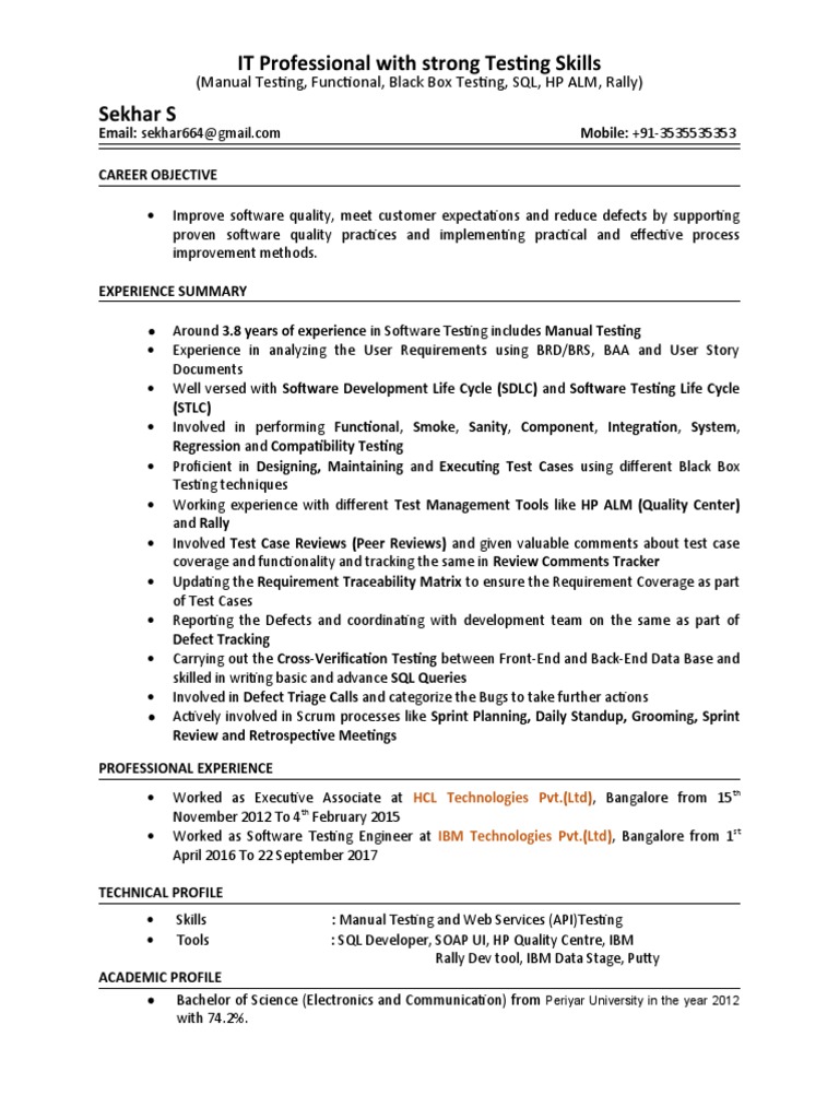 Manual Testing Resume for 3.8 Years | PDF | Software Testing | Spring ...