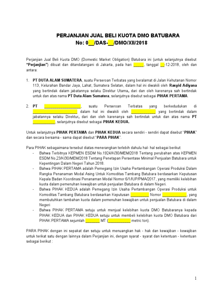 Draft Jual - Beli Kuota DMO Batubara (Des 2018) | PDF