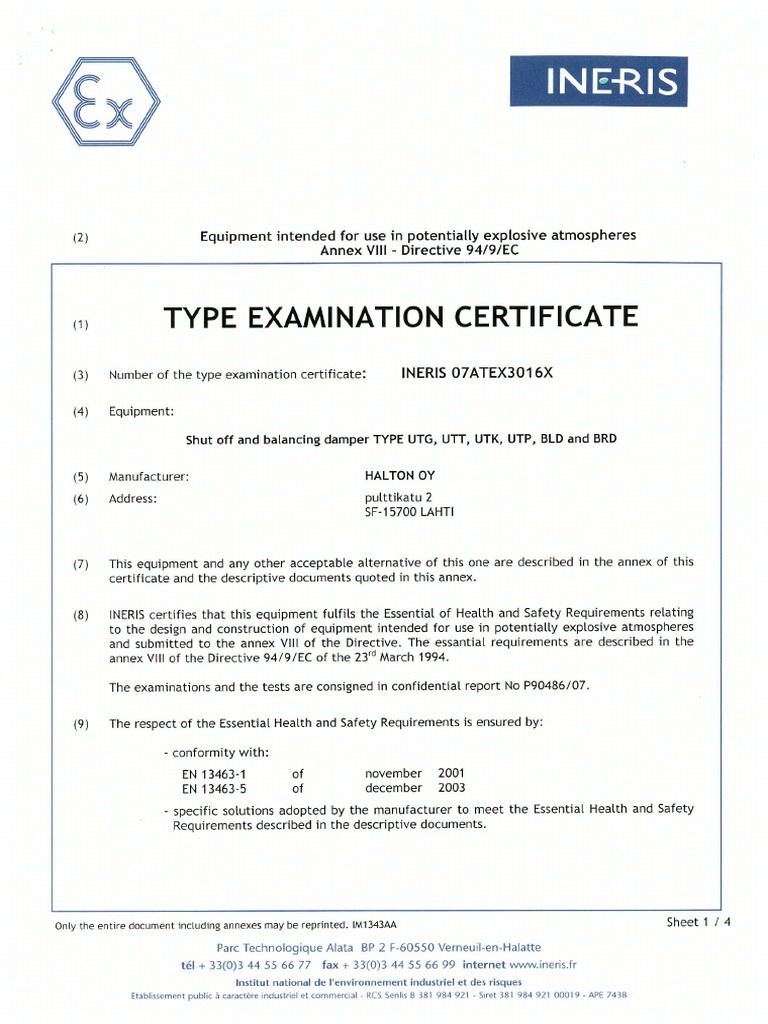 Atex Certificate For Halton Utg Utt Utk Utp BLD BRD | PDF