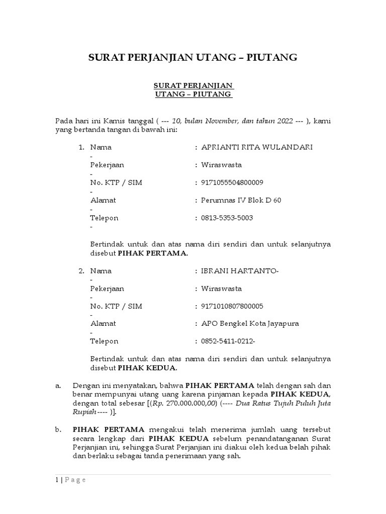 Surat Perjanjian Utang - Piutang | PDF