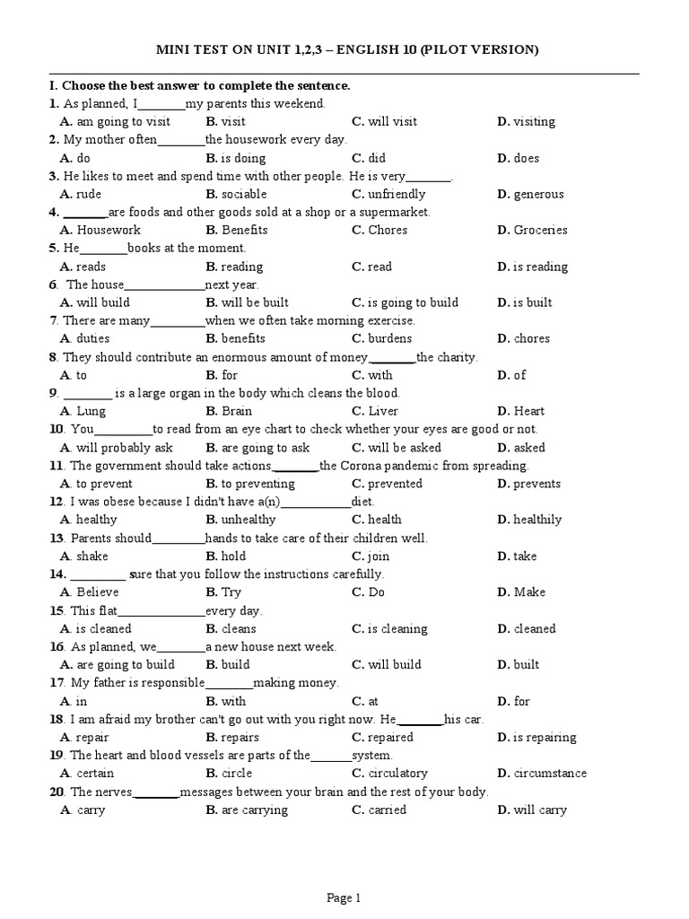 De Kiem Tra Unit 1 2 3 Tieng Anh 10 | PDF