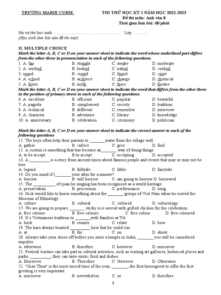 ĐỀ THI HK1 (2022-2023) | PDF