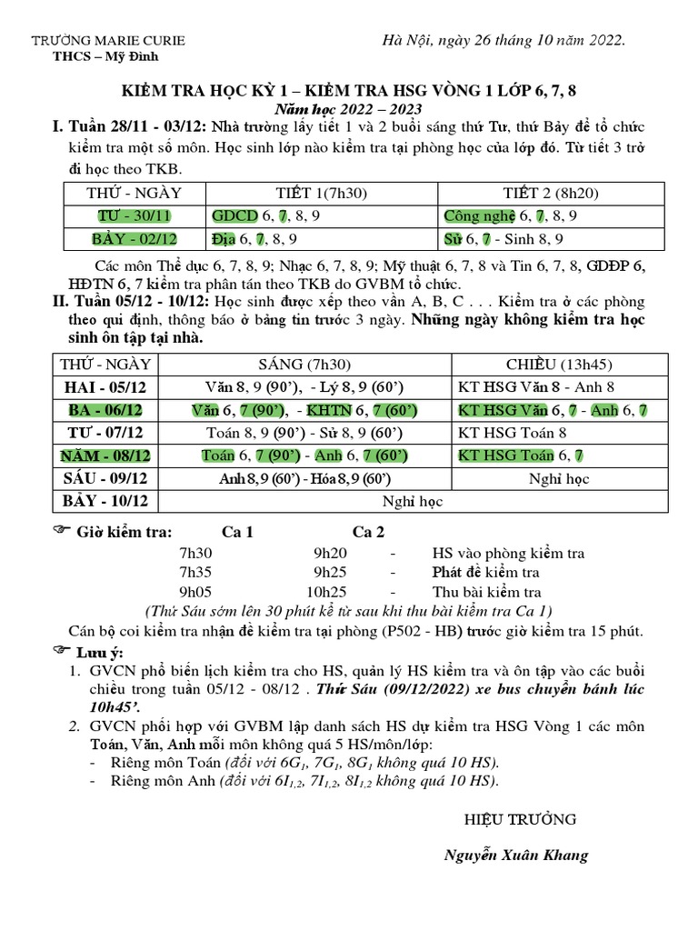 Lich KT HK1 - Nam Hoc 2223 - MĐ | PDF