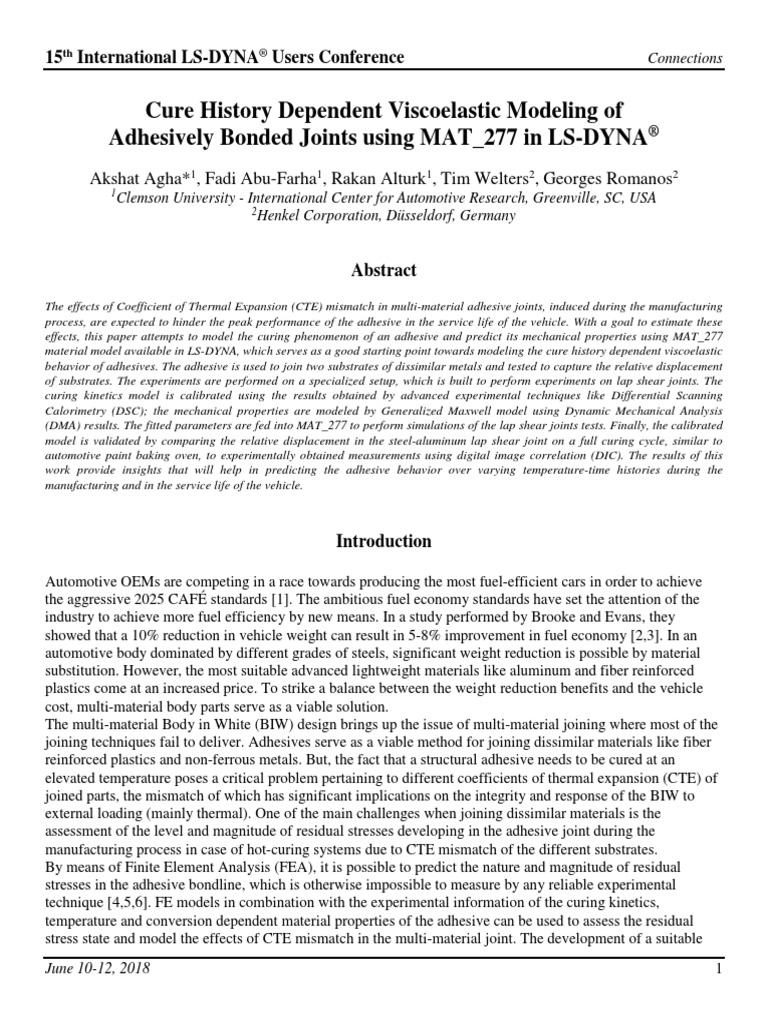Cure History Dependent Viscoelastic Modeling of Adhesively Bonded Joints Using Mat 277 in Ls ...