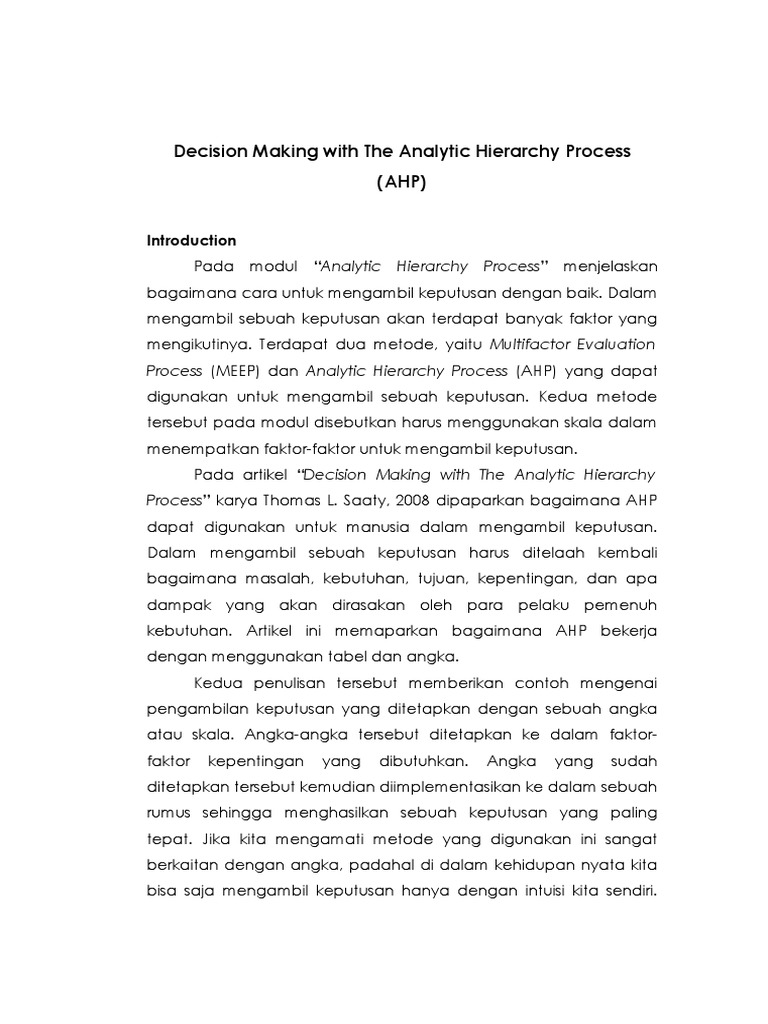 Analytic Hierarchy Process Ahp Yang Patut Diimplementasikan Dalam Kehidupan Pdf