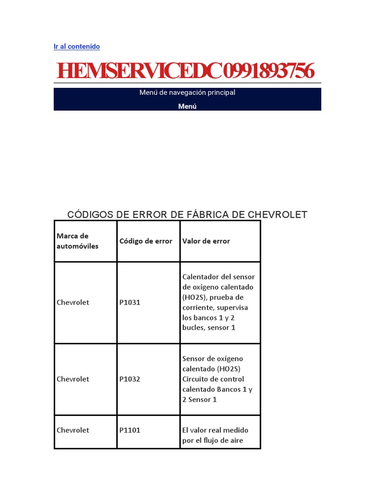 HEMSERVICEDC 0991893756: Códigos de Error de Fábrica de Chevrolet | PDF ...