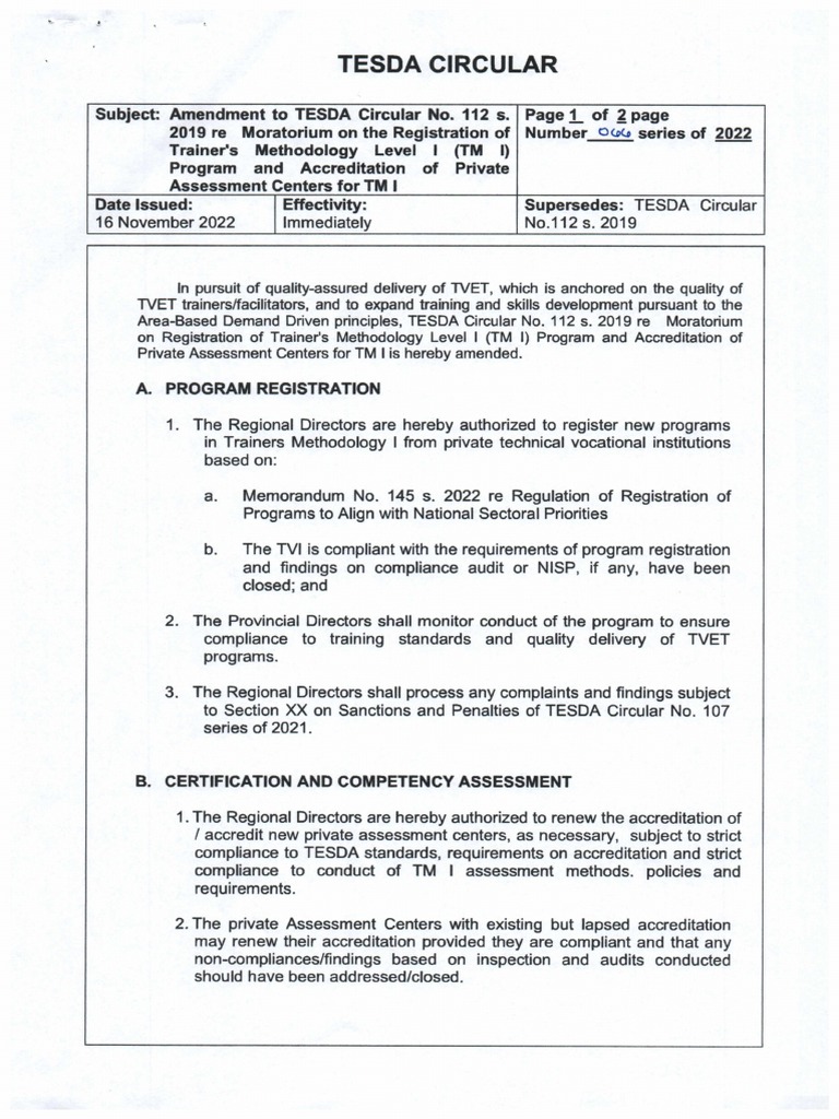 TESDA Circular No. 066-2022 | PDF