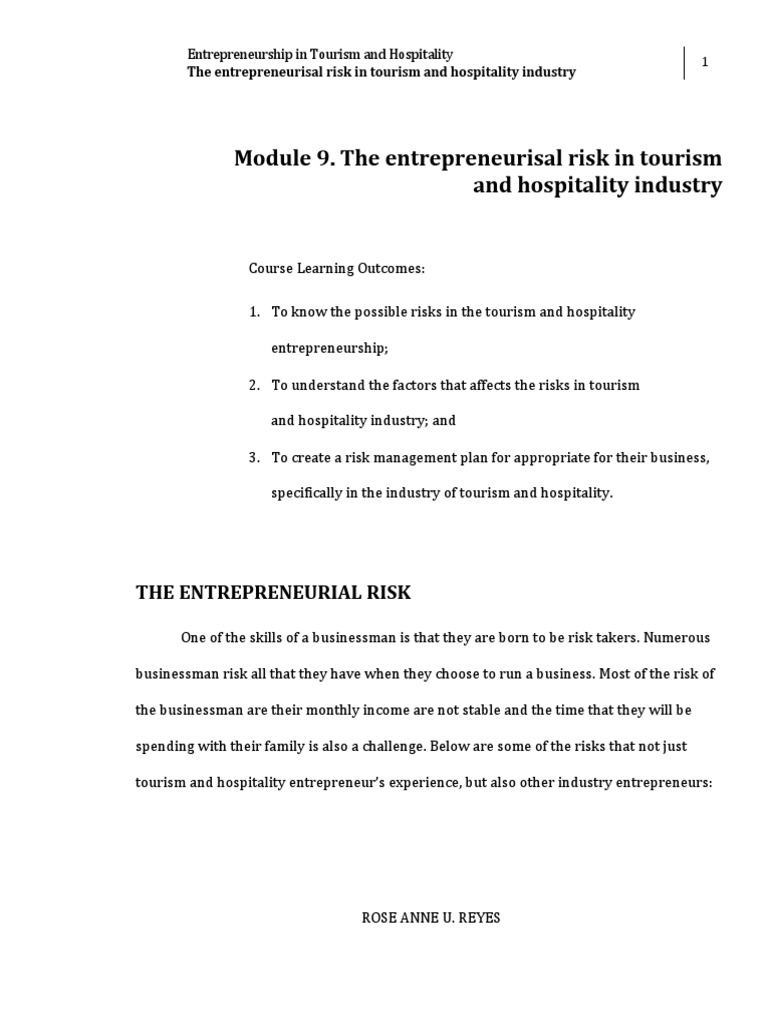 W12 Module 9 - The Entrepreneurial Risk in Tourism and Hospitality ...