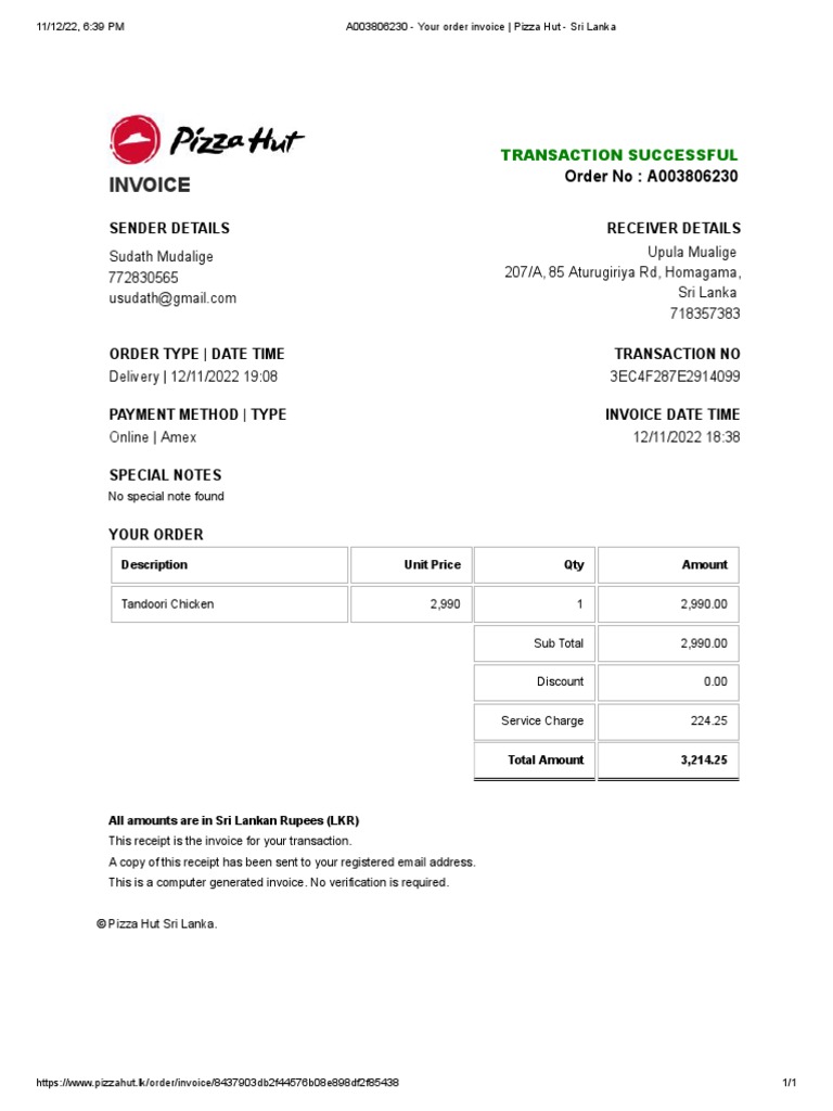 A003806230 - Your Order Invoice - Pizza Hut - Sri Lanka | PDF | Receipt ...