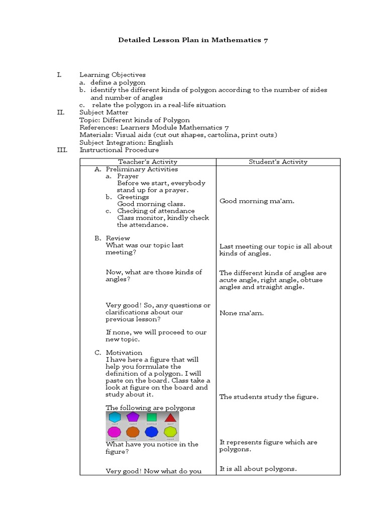 Detailed Lesson Plan in Math | PDF | Polygon | Lesson Plan