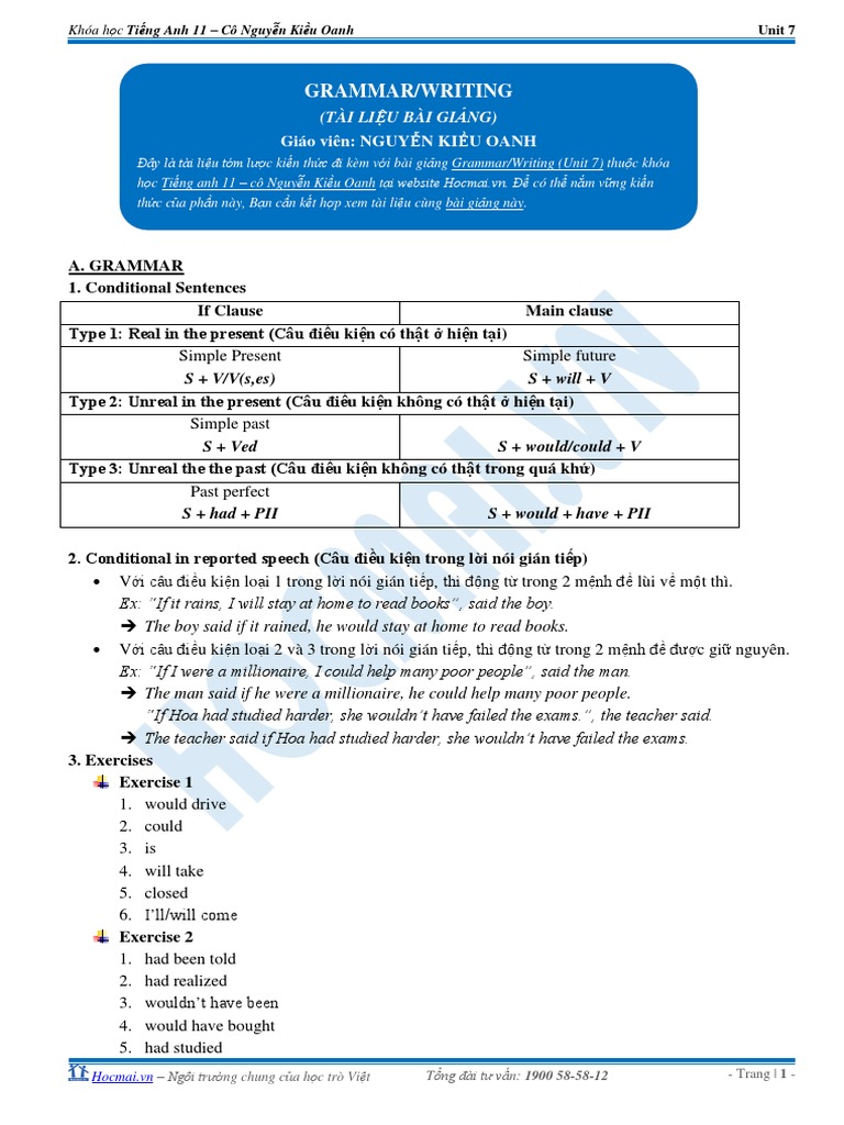 U7 Grammar Mon Tieng Anh Lop 11 | PDF