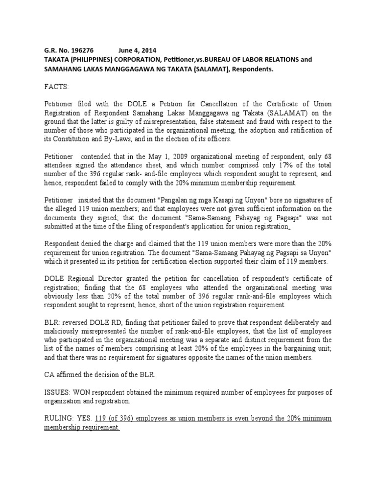 Takata Corp Vs Bureau of Labor Relations | PDF | Labour Law | Employment