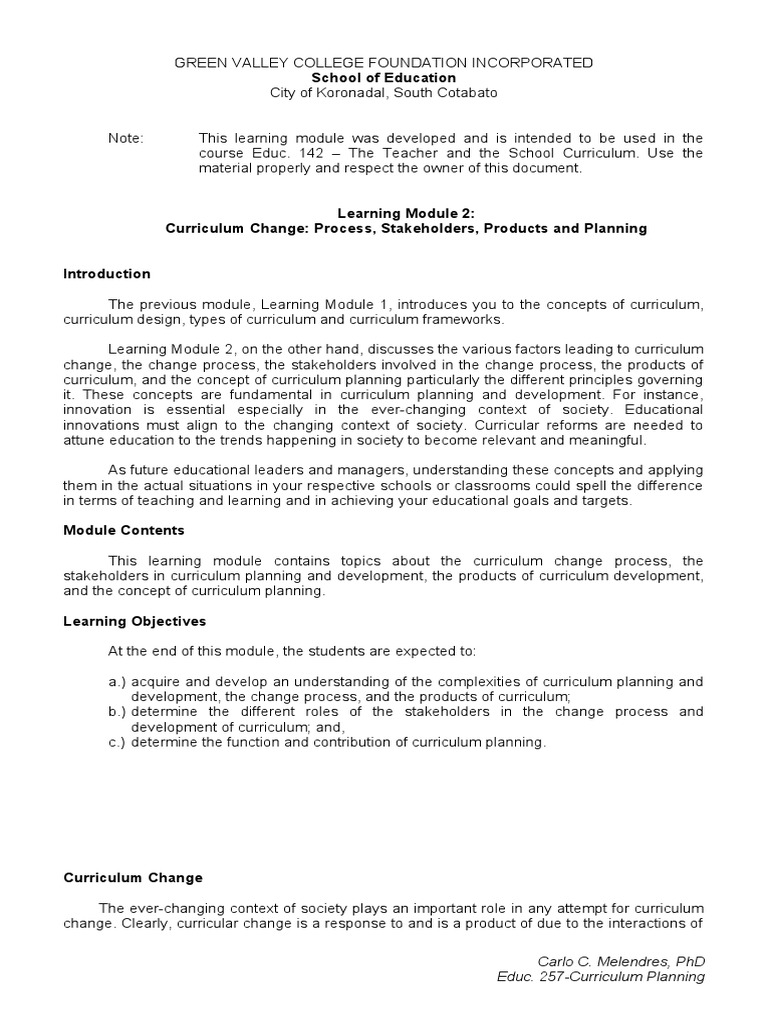 Module 2 - Curriculum Planning | PDF | Leadership | Curriculum