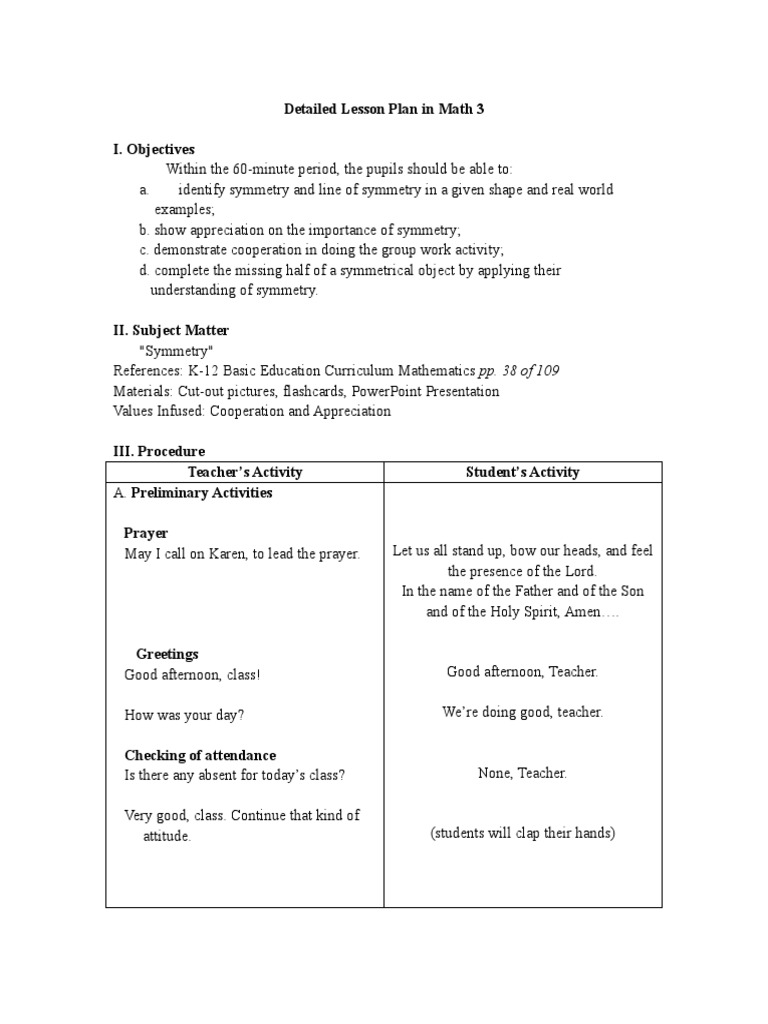 Detailed Lesson Plan in Math 3 Symmetry | PDF | Symmetry | Teachers