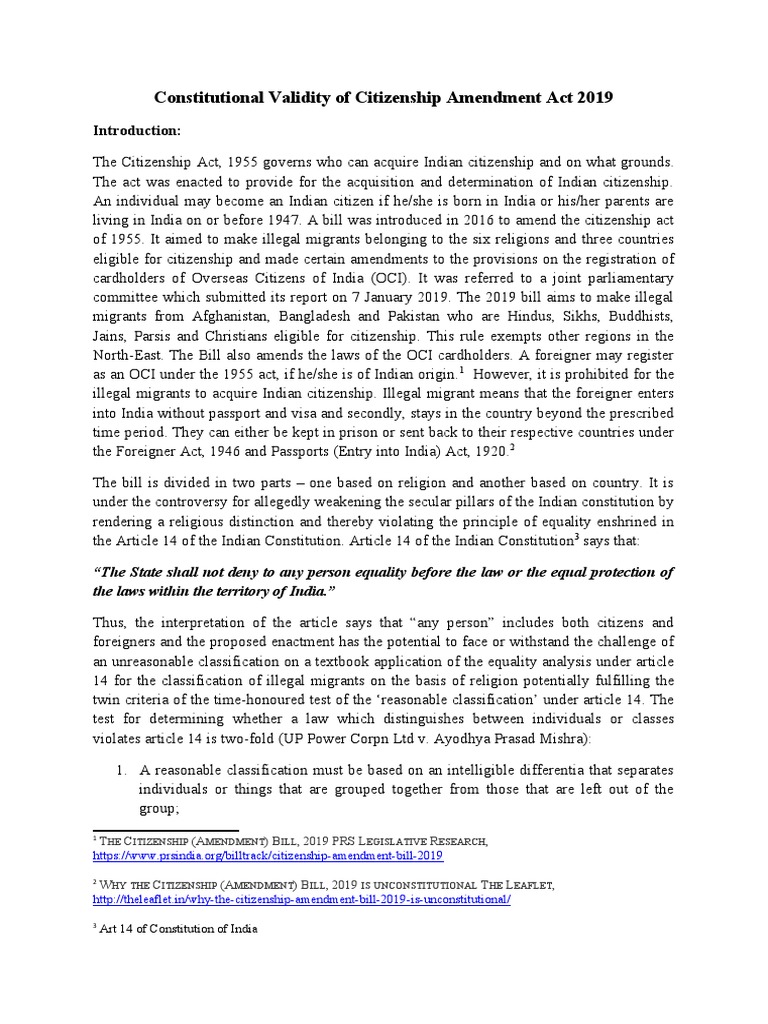Constitutional Validity of Citizenship Amendment Act 2019 | PDF | Human ...