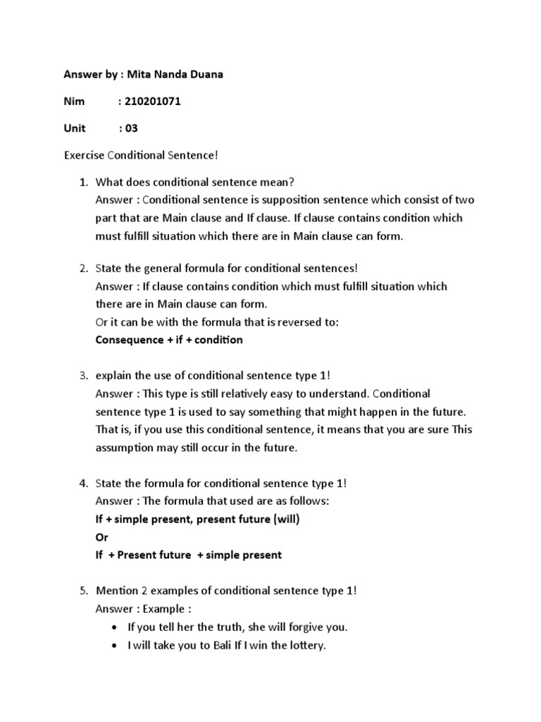 Exercise Conditional Sentence Pdf Sentence Linguistics Grammar