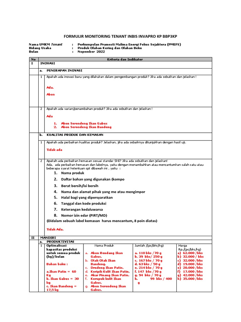 Form Monev-PMEFS-Nopember - 2022 | PDF