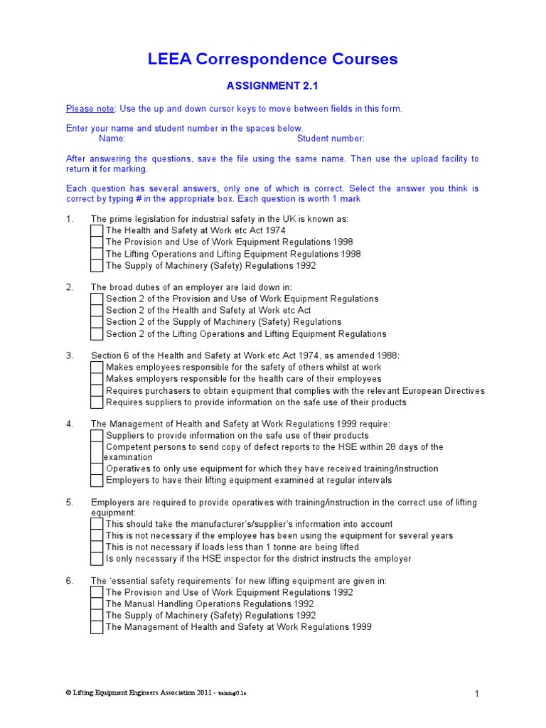 LEEA Correspondence Courses: Assignment 2.1 | PDF | Occupational Safety ...