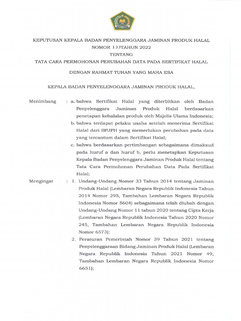 SK Kaban 133 - 2022 TTG Tata Cara Permohonan Perubahan Data Sertifikat Halal | PDF