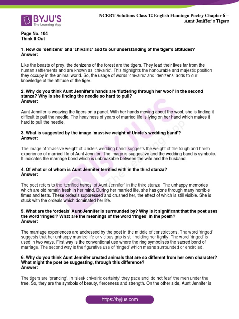 NCERT Solutions Class 12 English Flamingo Aunt Jeniffers Tigers | PDF