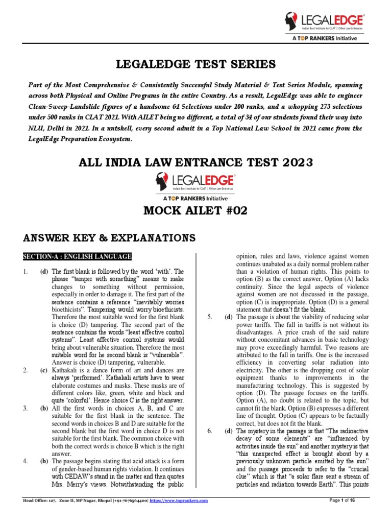 LE-Mock AILET 02 Explanations | PDF | Verb | Radioactive Decay